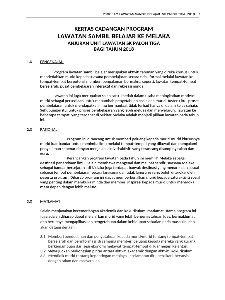 Kertas Kerja Lawatan Melaka | PDF