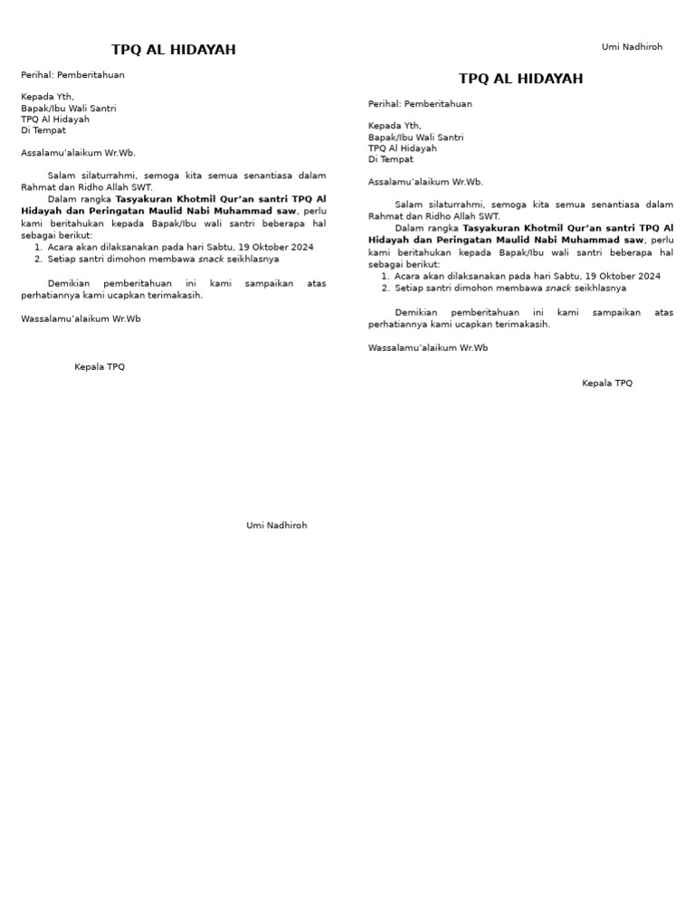 Undangan Khotmil TPQ AL HHH | PDF