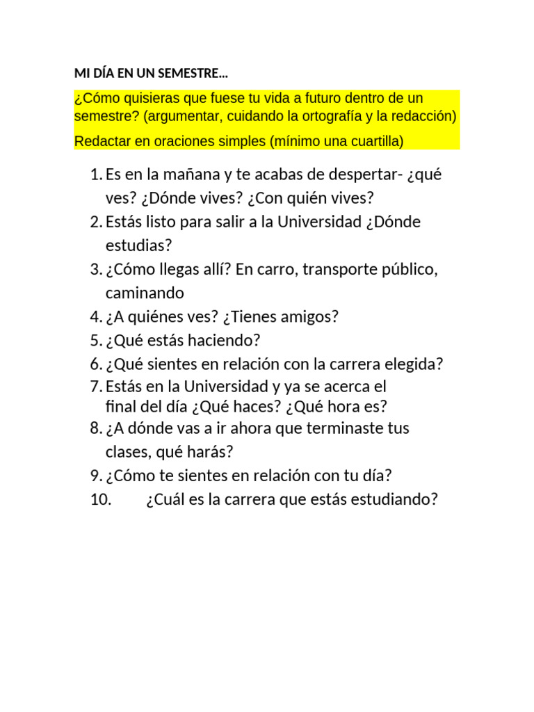 Cómo Quisieras Que Fuese Tu Vida A Futuro Dentro de Un Semestre | PDF ...