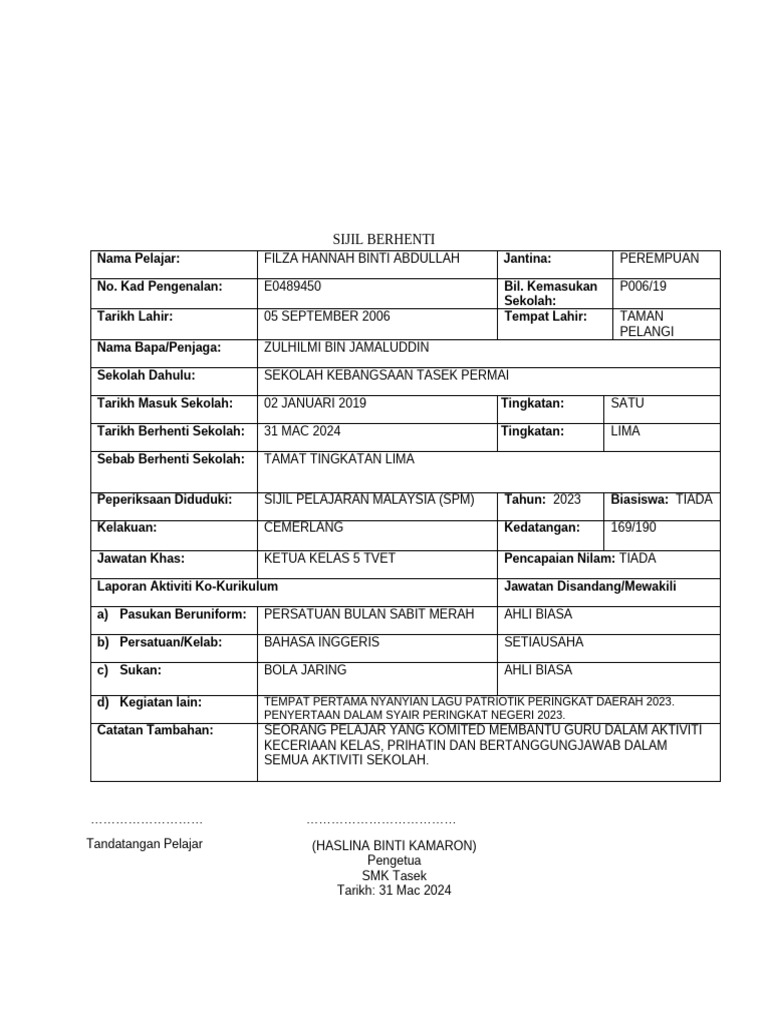 Template SIJIL BERHENTI SPM 2023 - FILZA | PDF