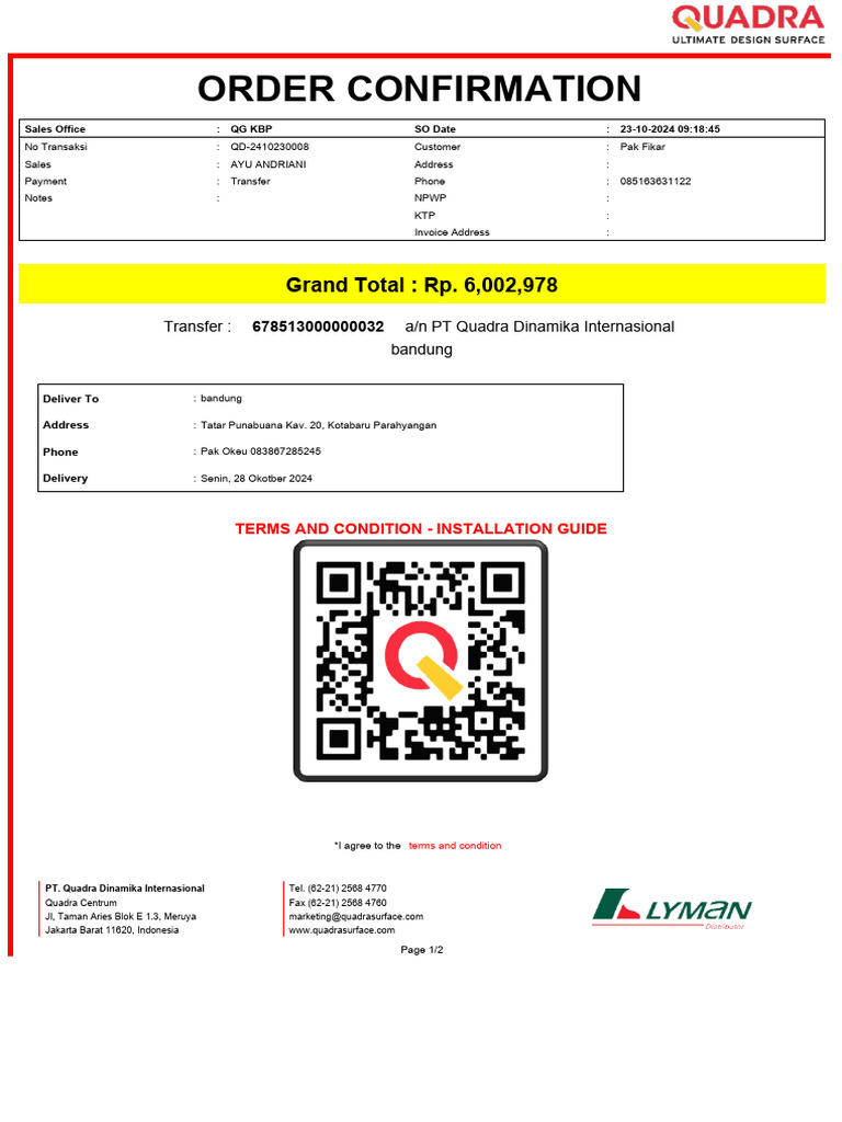 Order Konfirmasi - Pak Fikar | PDF