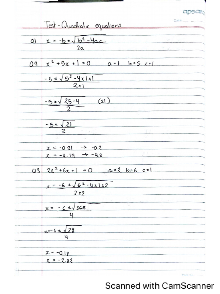 Quadratic Equations Test | PDF