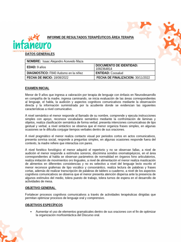 Informe Terapia de Lenguaje: Isaac Acevedo | PDF | Palabra | Verbo