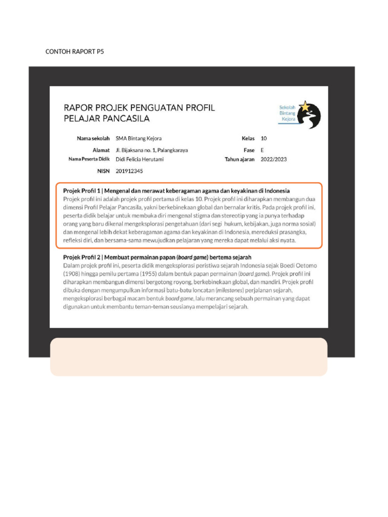 Contoh Raport P5 | PDF