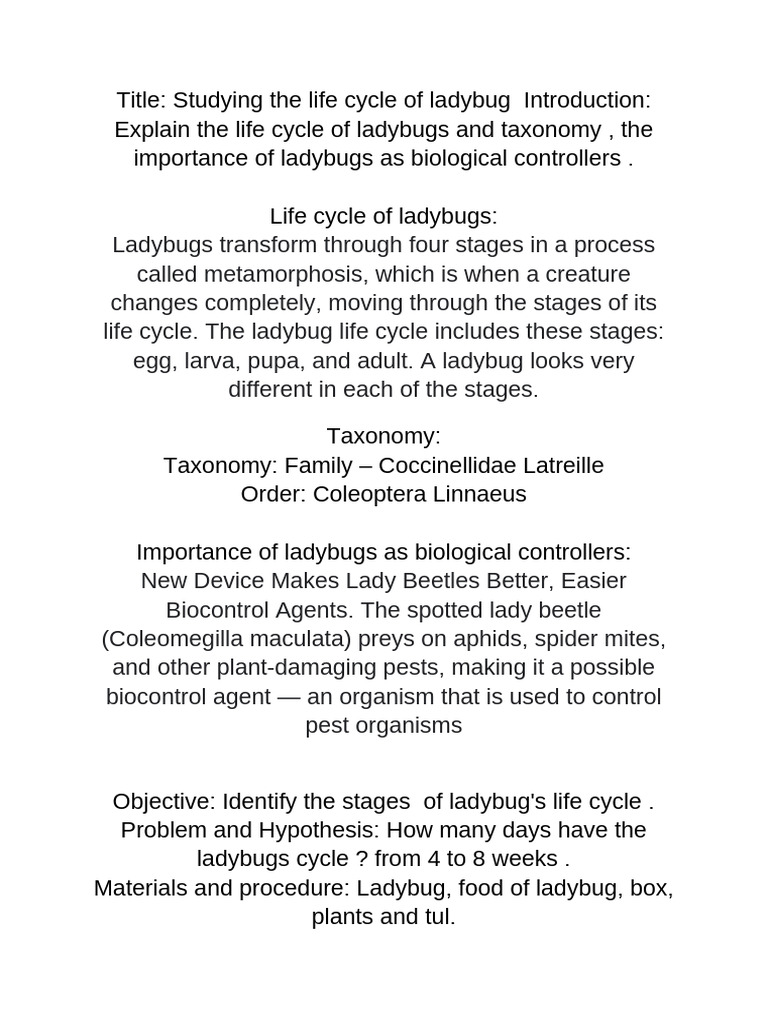 Cycle of Life of The Ladybug | PDF