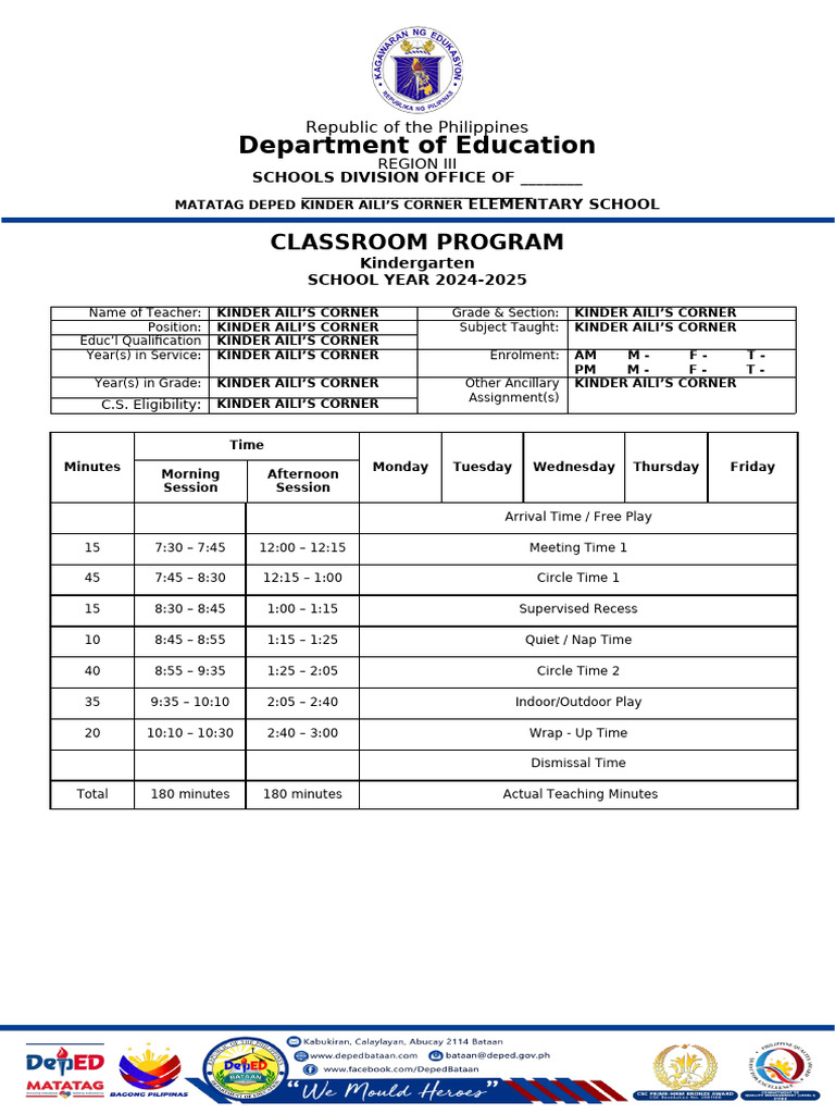2024 2025 Sample Class Program Kinder | PDF | Teachers
