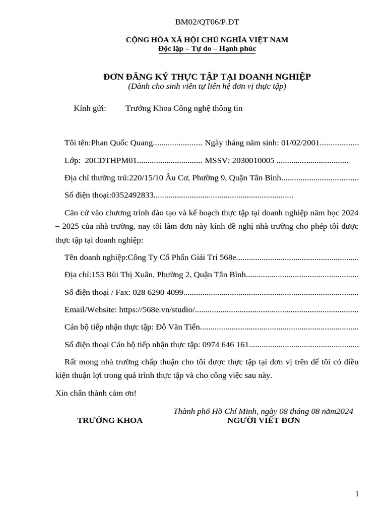 BM02-06-DT - Đơn đăng ký thực tập | PDF