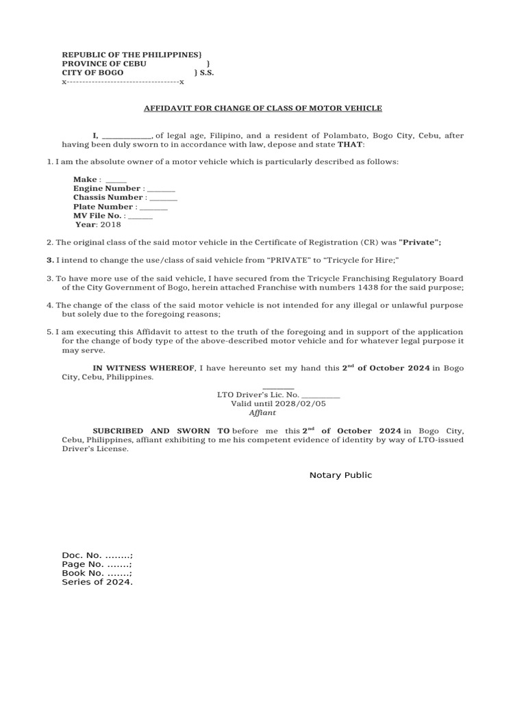 Sample Affidavit of Change of Class of Motor Vehicle | PDF | Affidavit ...