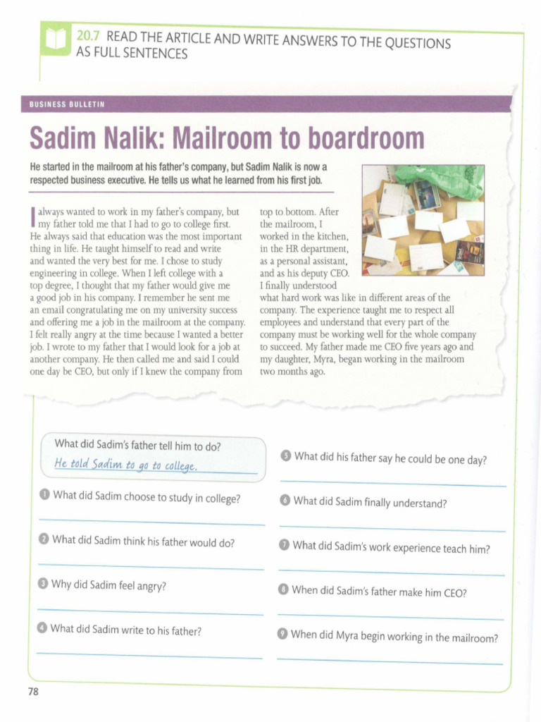 Sadim Nalik: Mailroom To Boardroom: Read The Article and Write Answers ...
