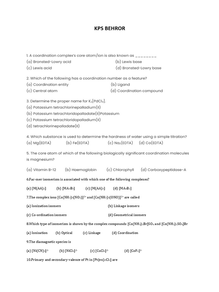 Coordination Compounds Mcqs Pdf Coordination Complex Physical