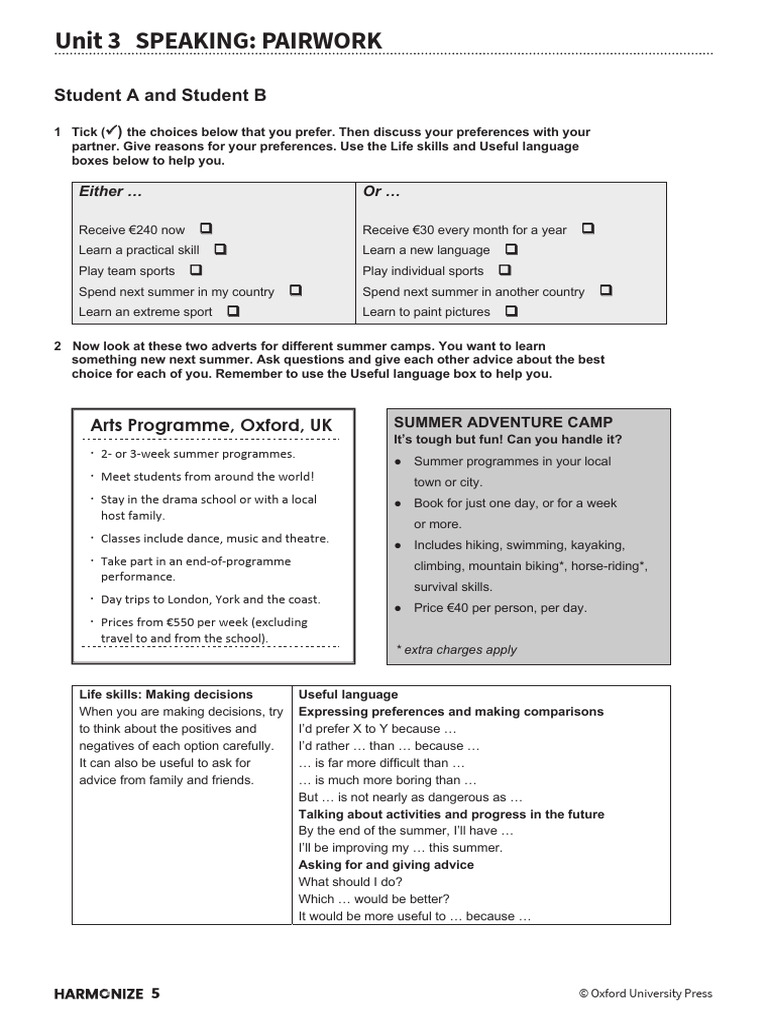 Harmonize 5 TRM Pairwork Unit 3 Worksheets | PDF