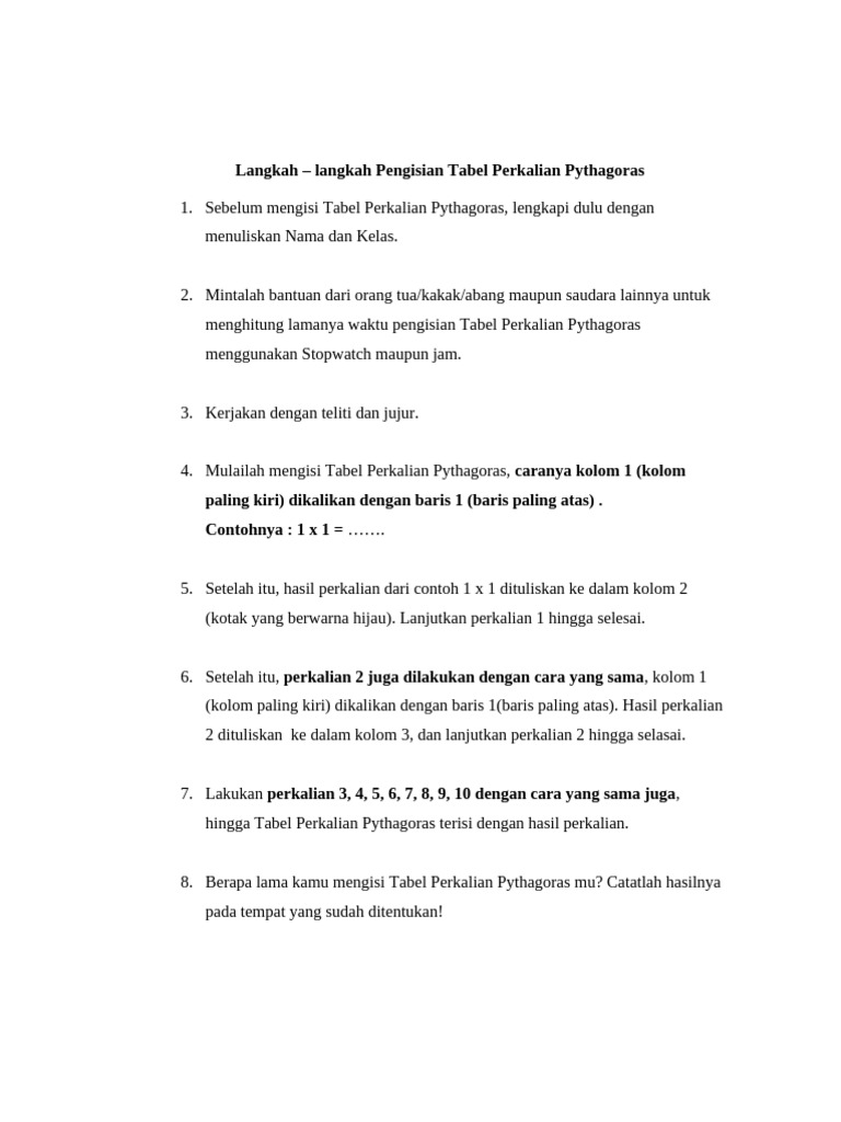 Cara Mengisi Tabel Perkalian Pythagoras | PDF | Metode & Bahan Ajar