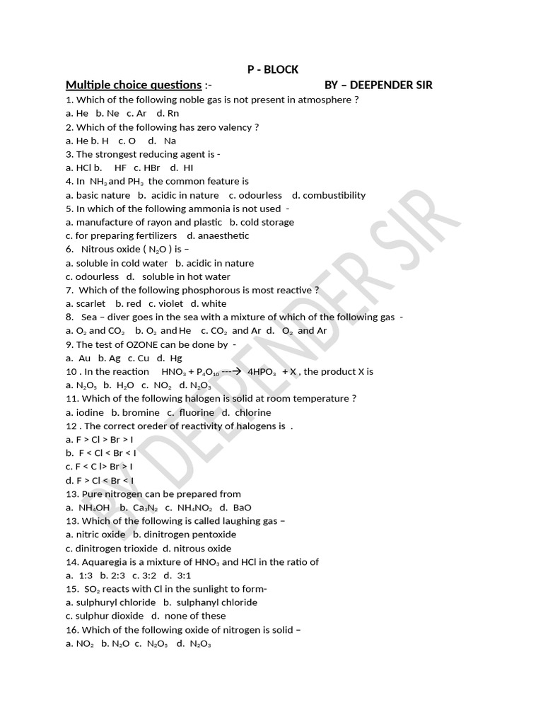 P BLOCK MCQ'S | PDF | Chlorine | Nitrogen