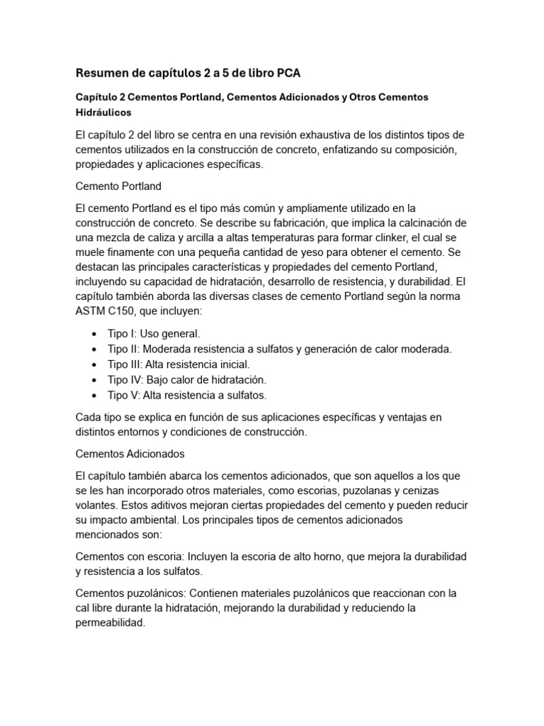 Resumen de capítulos 2 a 5 de libro PCA | PDF | Hormigón | Cemento