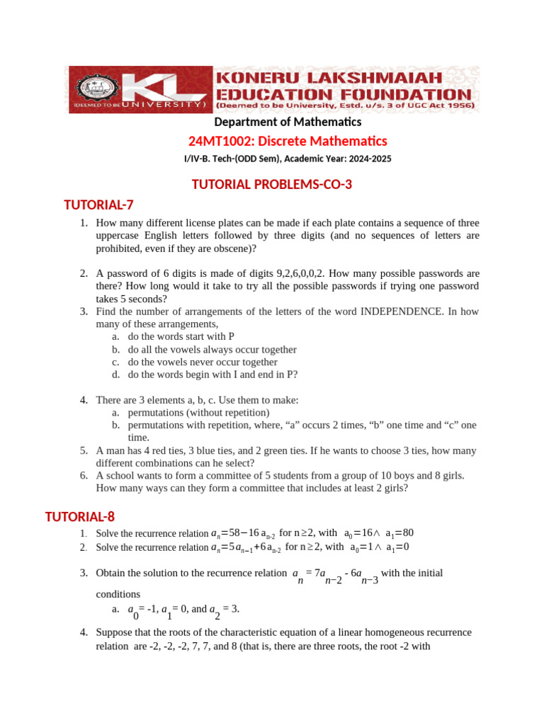 Tutorial-7,8,9 | PDF | Recurrence Relation | Mathematical Relations