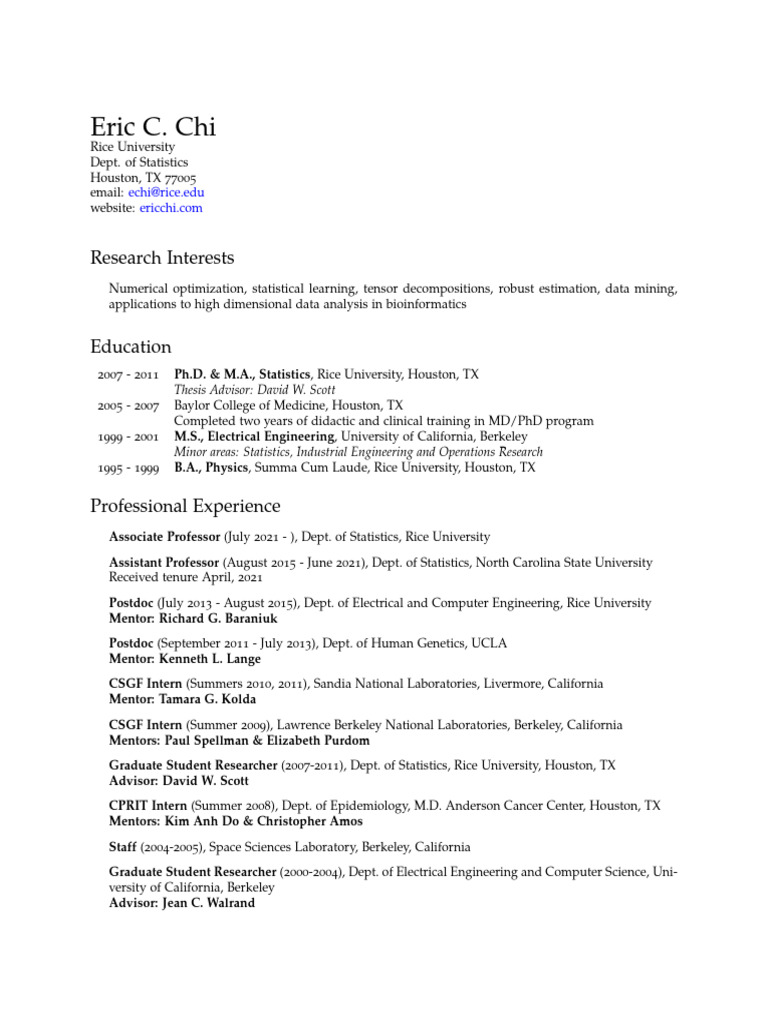 Eric C. Chi CV | PDF | Stochastic Process | Machine Learning