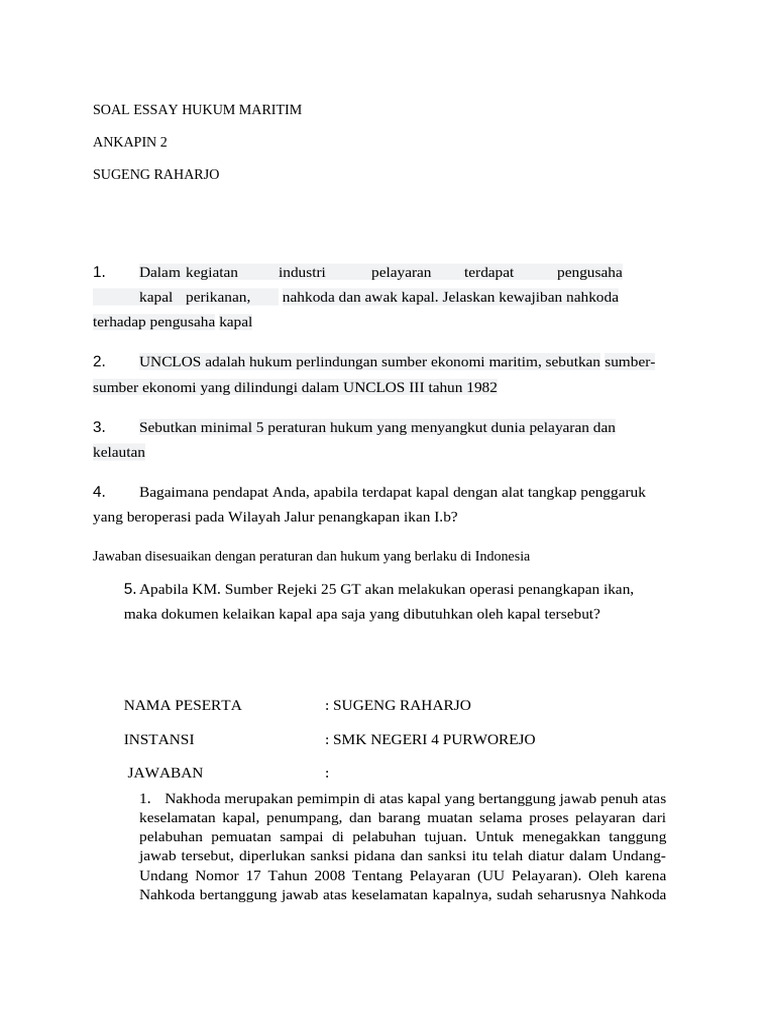 Jawaban Hukummaritim Sugeng Raharjo | PDF | Perjalanan