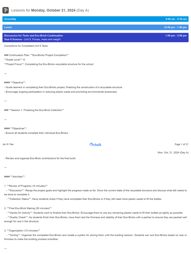 Jie Xi Yeo - Planboard Week Day by Day - October 21 2024 | PDF | Electrical Conductor ...