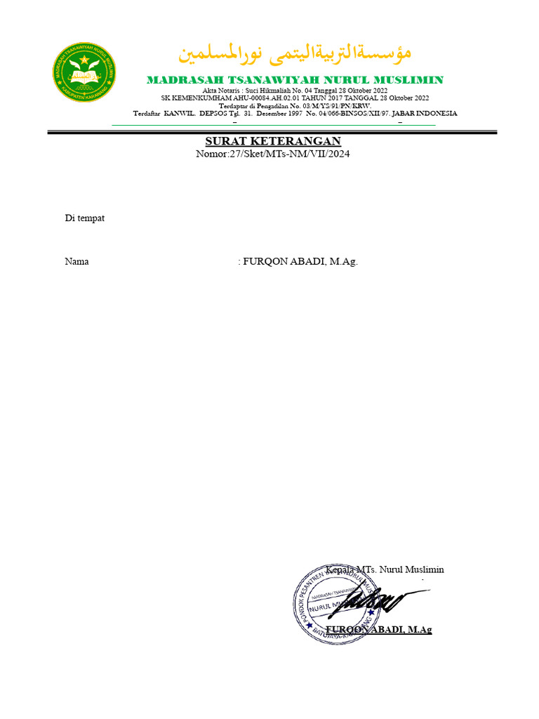 SURAT KETERANGAN Penerimaan Rindu | PDF