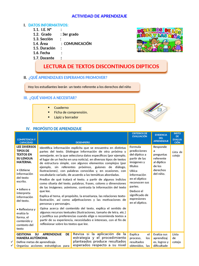 Lectura de Dípticos sobre Derechos del Niño | PDF | Evaluación | Aprendizaje