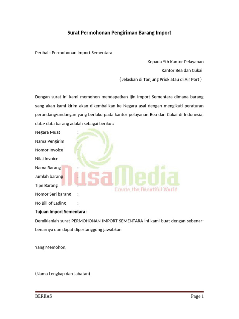 Surat Permohonan Import Sementara | PDF | Pengelolaan Keuangan & Uang