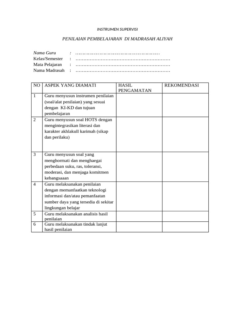 Instrumen Supervisi Ma Penilaian | PDF | Karier & Perkembangan