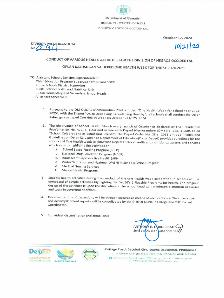 DIV - MEMO 2024oct17 Conduct of Various Health Activities For SDO ...