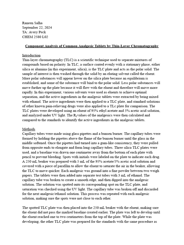 CHEM 2580 Lab Report Two | PDF | Thin Layer Chromatography | Laboratory ...