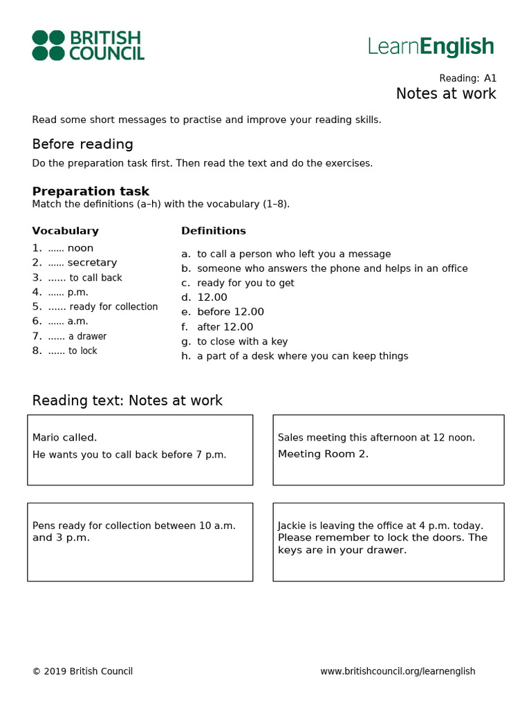 A1 Reading: Notes at Work | PDF | Career & Growth | Language Arts ...
