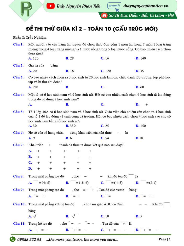 1. Đề 1 - Toán 10 - Gk2 - Bt | PDF