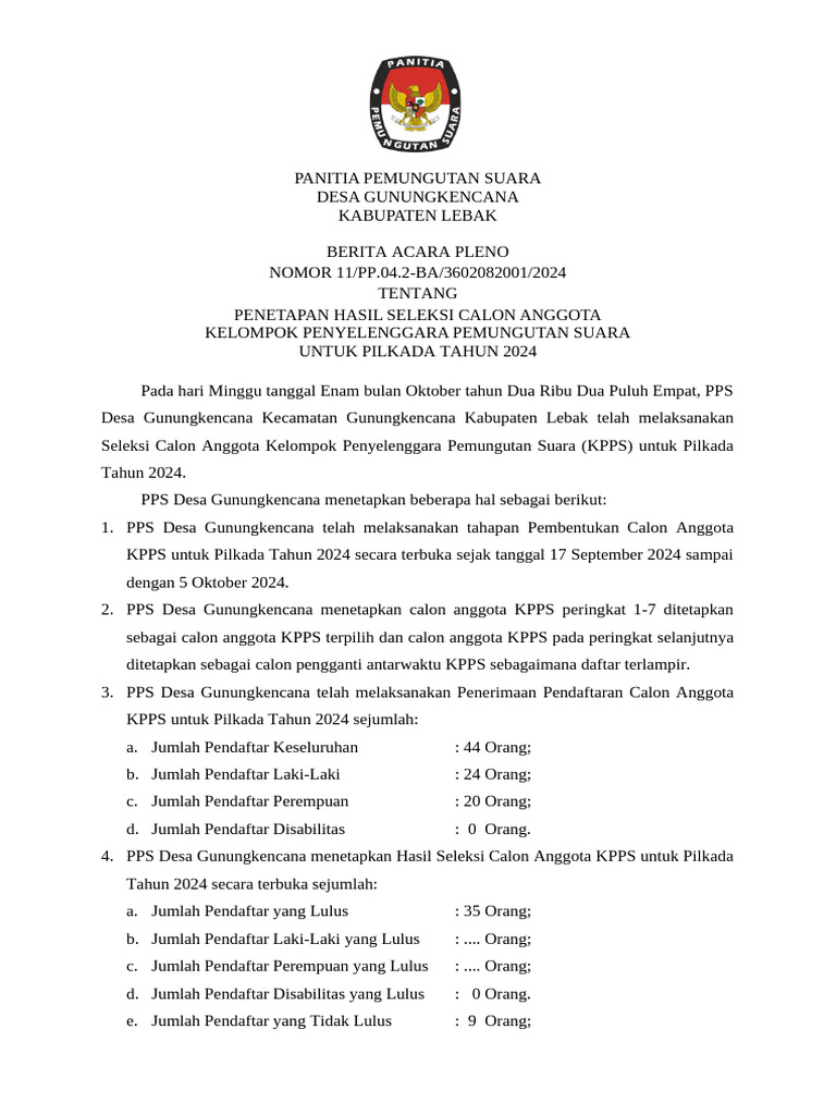 0 Berita Acara PPS Penetapan Hasil Seleksi KPPS | PDF