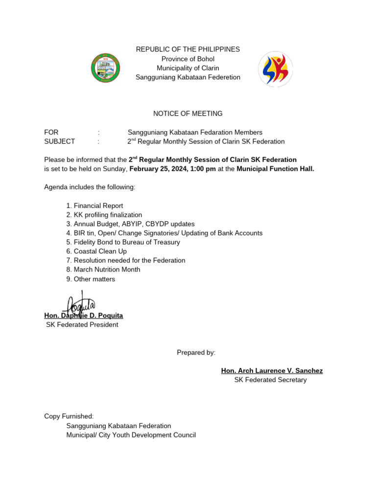 Clarin SK Federation Meeting Notices | PDF | Youth | Youth Organizations