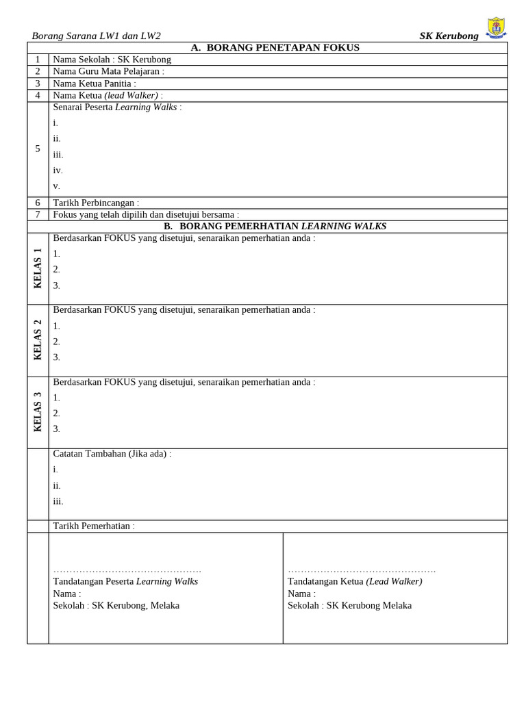 Borang Learning Walks SK Kerubong | PDF