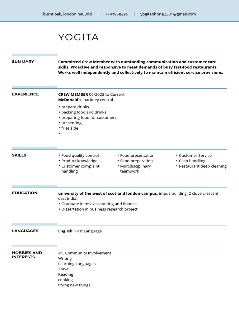 Fast-Food Crew Member Profile | PDF