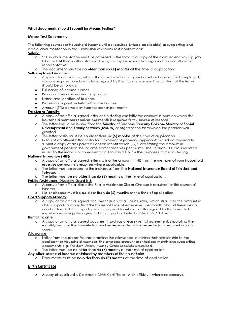 Means Test Document Requirements | PDF | Pension | Child Support