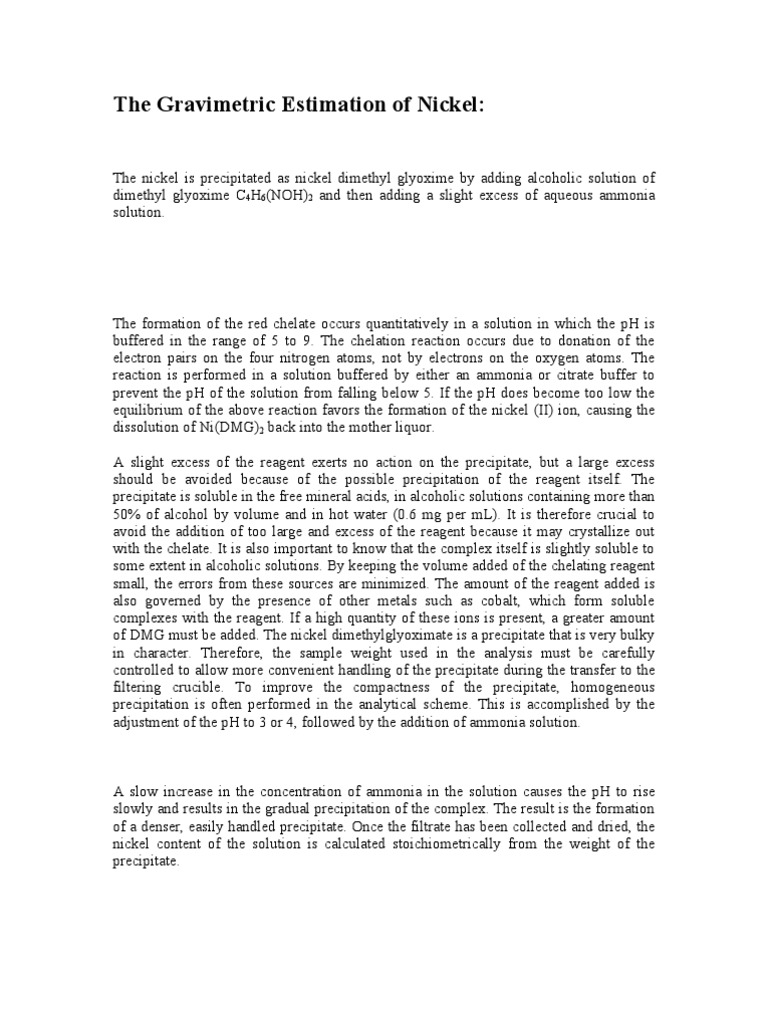 The Gravimetric Estimation of Nickel | PDF | Buffer Solution | Ph