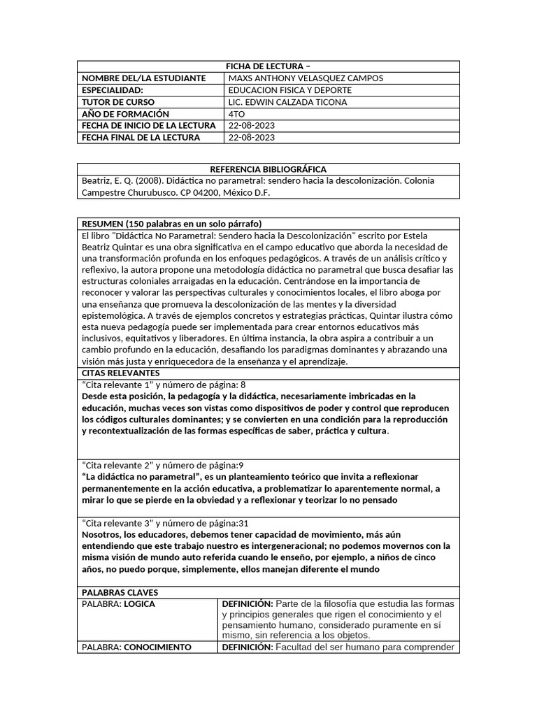 Ficha de Lectura-Sendero Hacia La Descolonización-Maxs Anthony Velasquez Campos | PDF ...