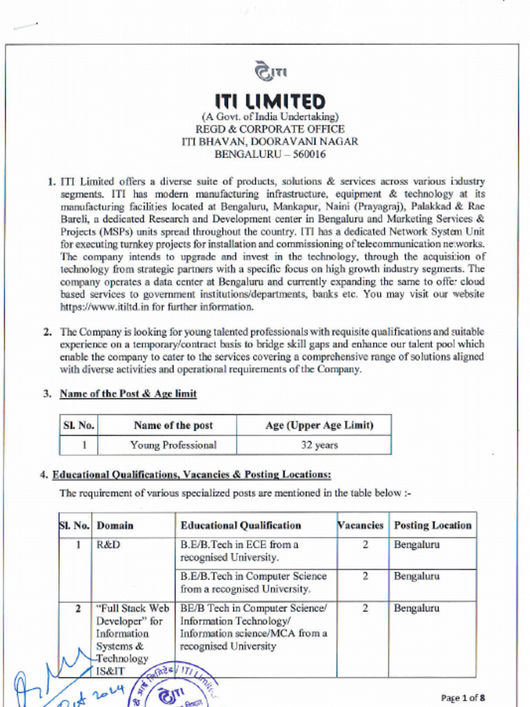 Notification ITI Limited For Young Professional Posts | PDF