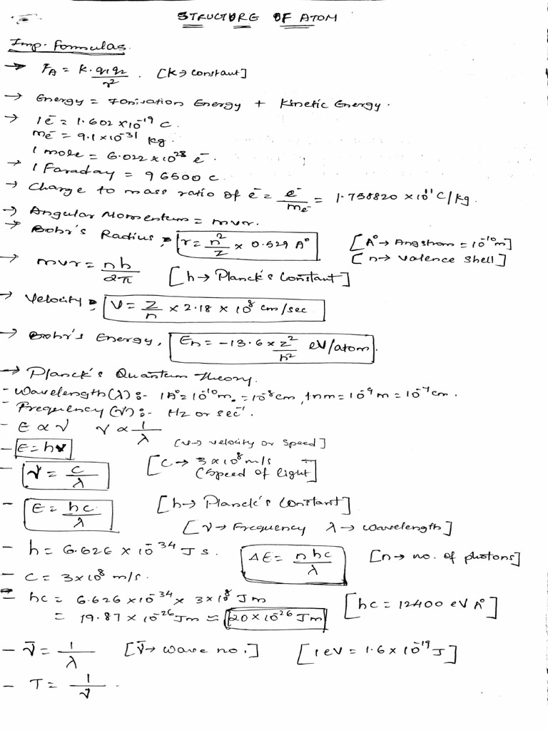 Atomic Structure Imp. Formulas | PDF