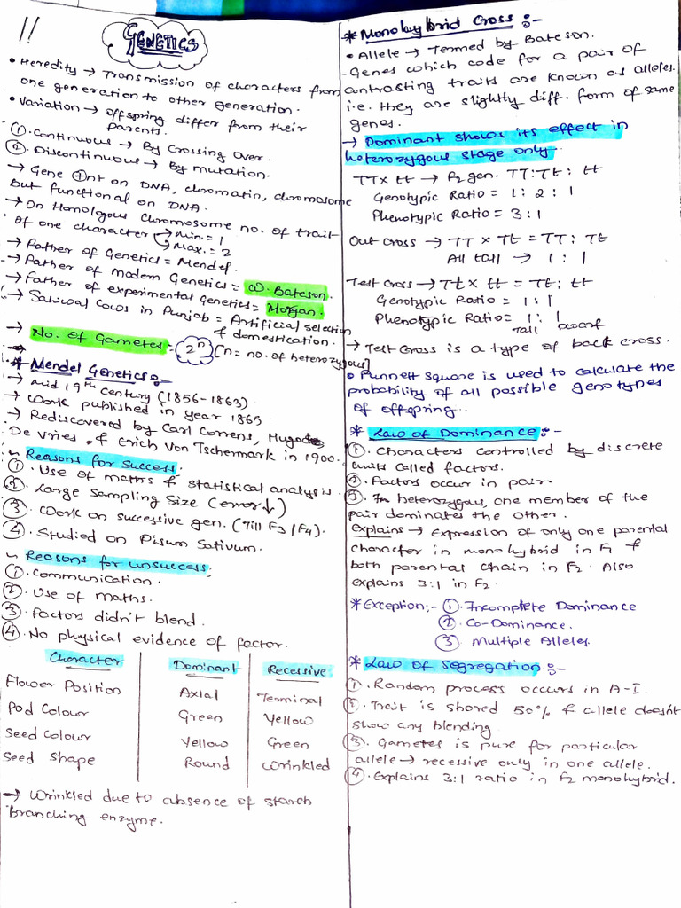 Genetics short notes | PDF | Biology | Genetics