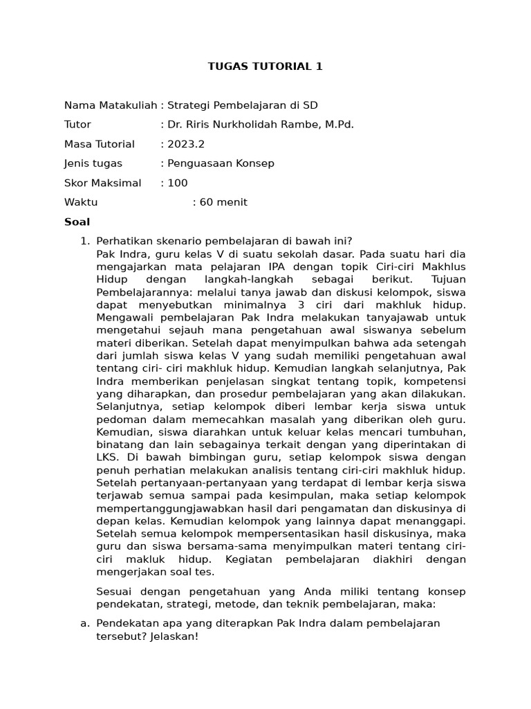 Soal TT1 - Strategi Pembelajaran Di SD | PDF | Karier & Perkembangan | Sains & Matematika