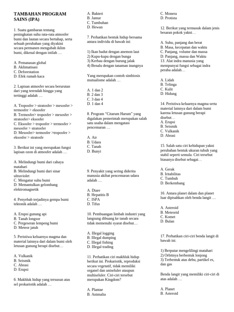 Soal Tambahan Sains SISWA | PDF | Ilmu Sosial | Sains & Matematika