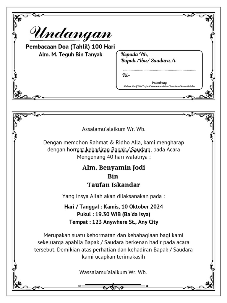 Undangan Tahlil 100 Hari Alm. M. Teguh | PDF