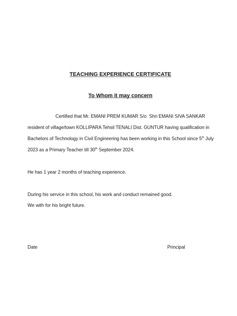 Prem Teaching Experience | PDF