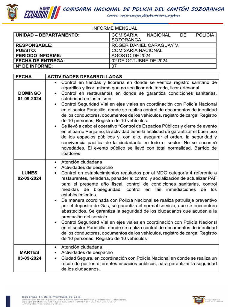 Informe Mensual Septiembre Comisaria | PDF | Policía | Correo