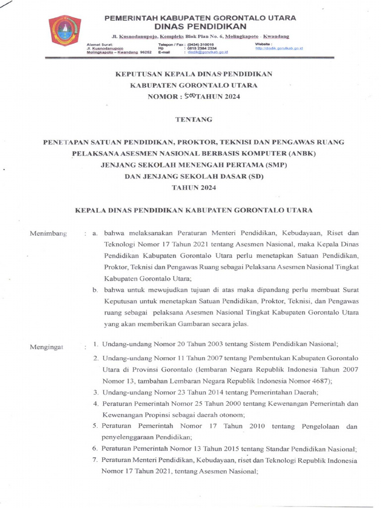 SK Pengawas Silang Anbk Jenjang SD 2024 | PDF