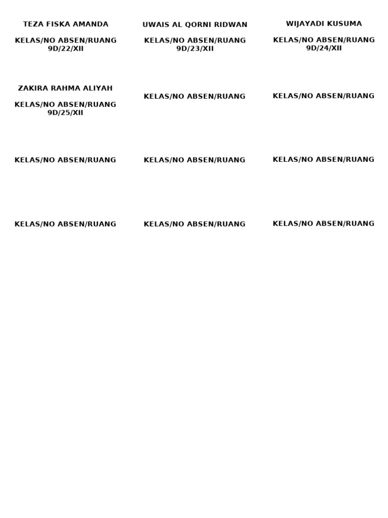 LABEL No Meja PTS Kls 789 | PDF