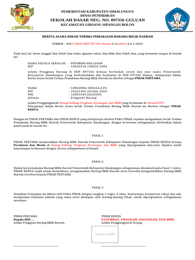 #Format BA Pemakaian Dan Pakta Integritas (Ruang) | PDF