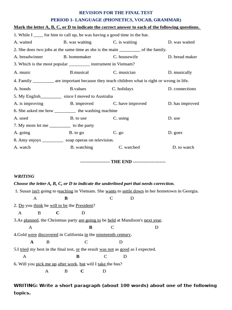 Revision For The Final Test First Semester | PDF