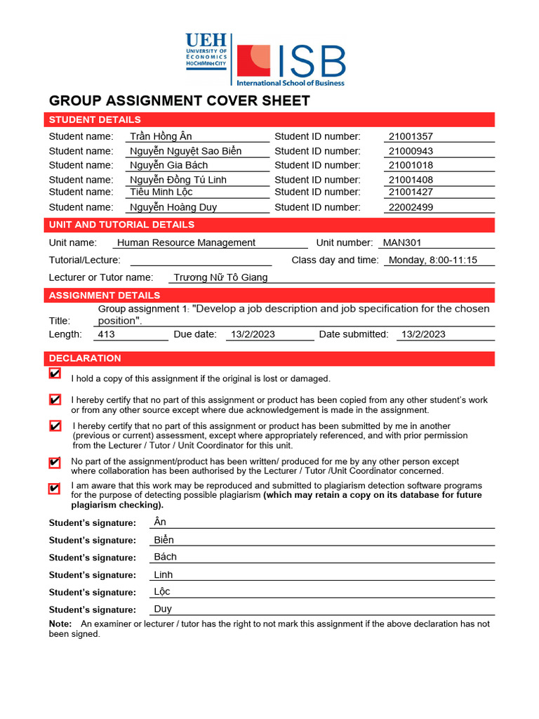 HRM - Group 4 - Group Assignment1 - JD and JS For Customer Assistant Watsons Vietnam | PDF ...